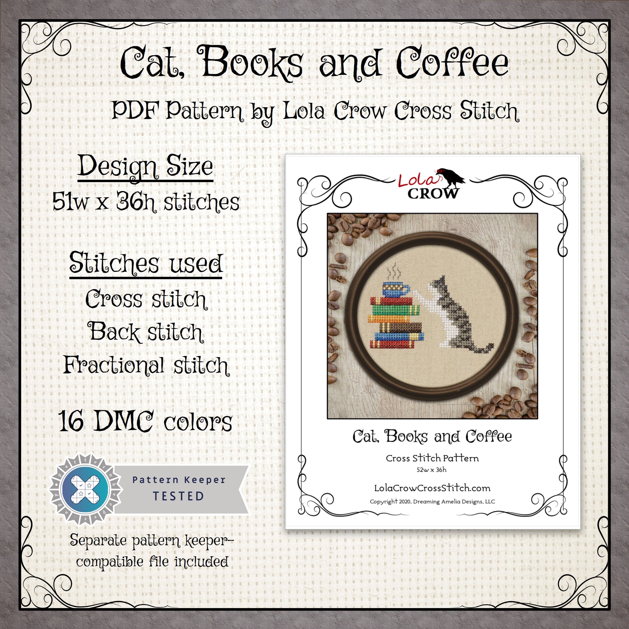 Cat, Books and Coffee - Digital PDF Cross Stitch Pattern – Lola Crow ...
