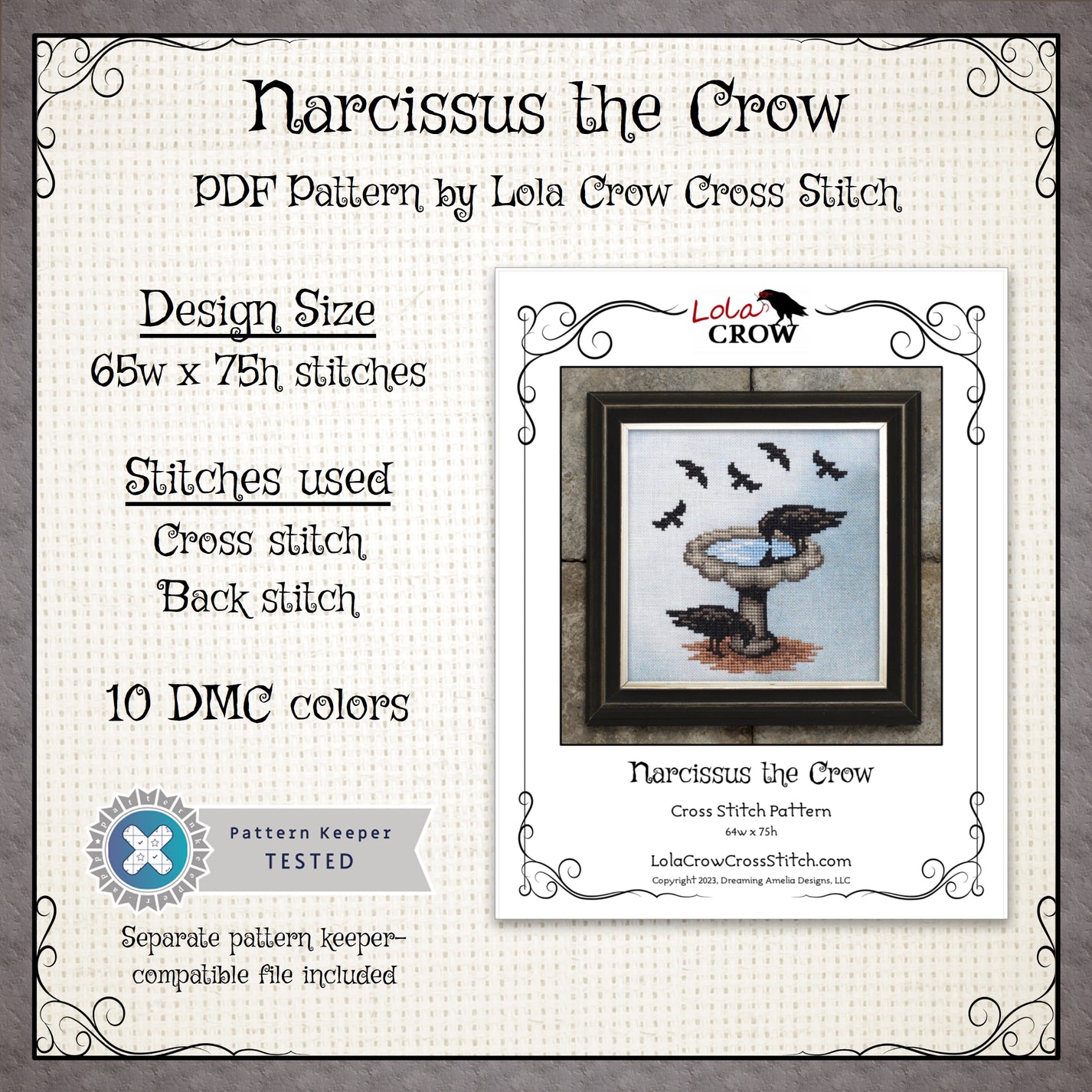 Narcissus the Crow - Digital PDF Cross Stitch Pattern – Lola Crow Cross ...