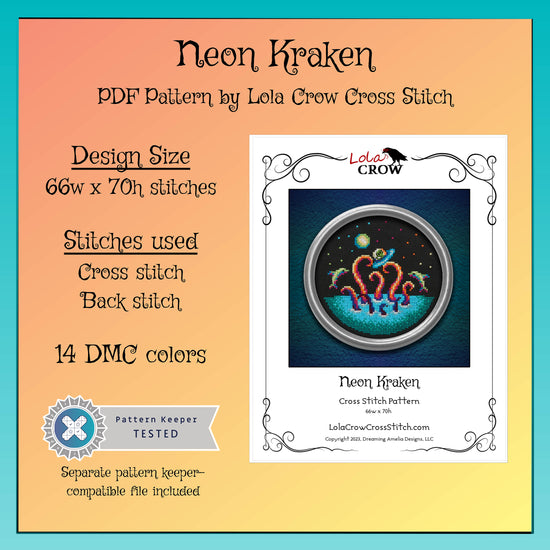 Neon Kraken - Digital PDF Cross Stitch Pattern – Lola Crow Cross Stitch