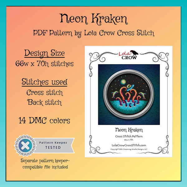 Neon Kraken - Digital PDF Cross Stitch Pattern – Lola Crow Cross Stitch