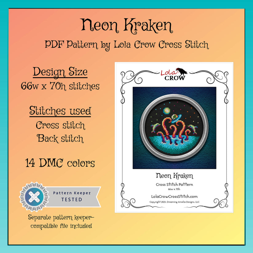 Neon Kraken - Digital PDF Cross Stitch Pattern – Lola Crow Cross Stitch