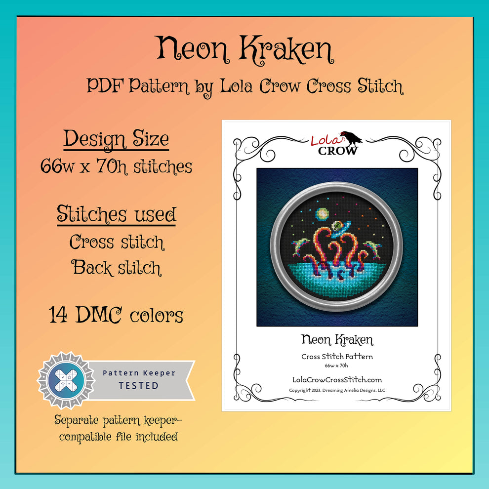 Neon Kraken - Digital PDF Cross Stitch Pattern – Lola Crow Cross Stitch