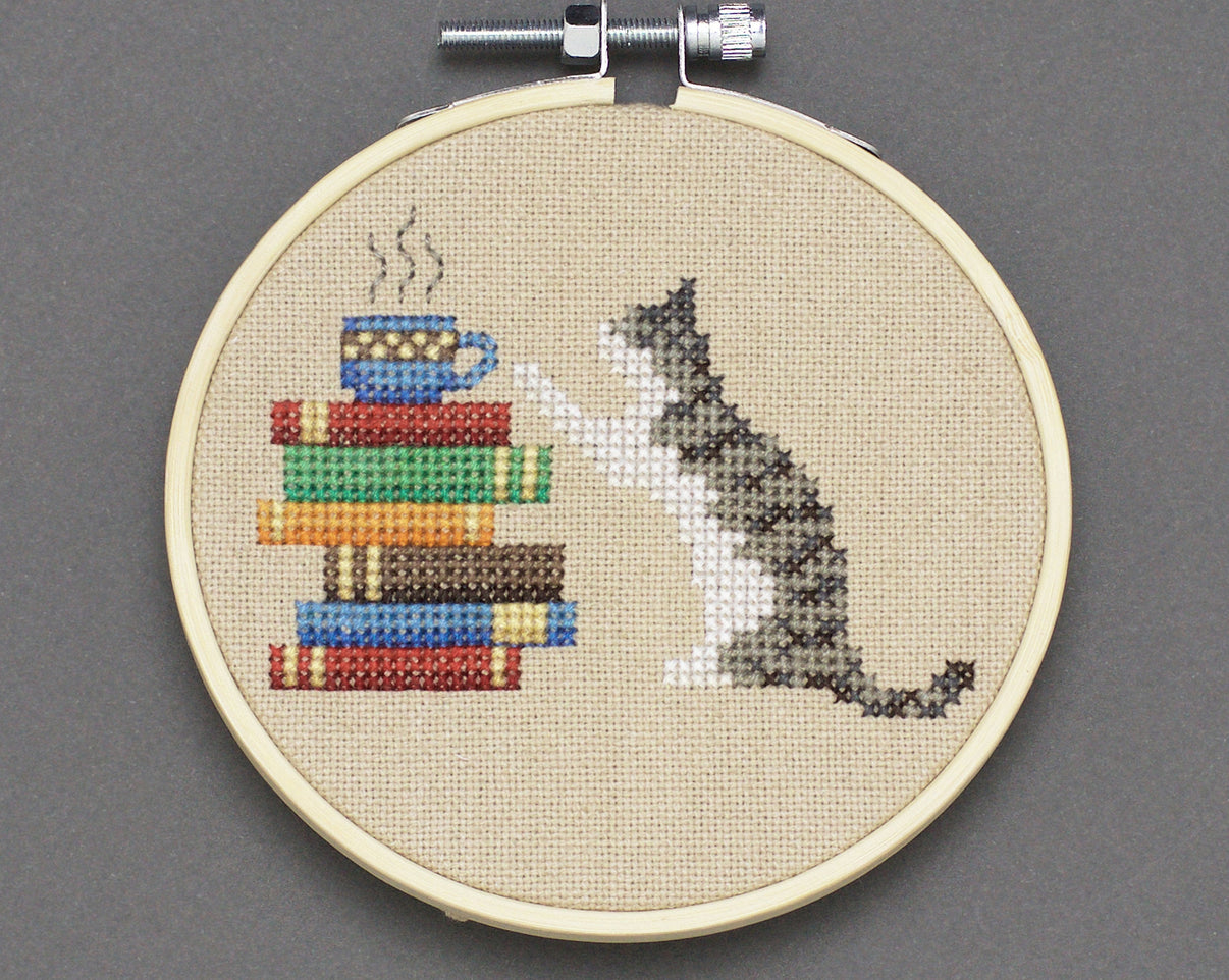 Cat, Books and Coffee - Digital PDF Cross Stitch Pattern – Lola Crow ...