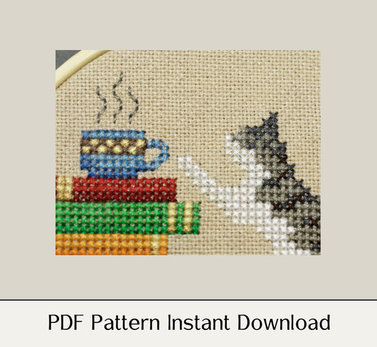 Cat, Books and Coffee - Digital PDF Cross Stitch Pattern – Lola Crow ...